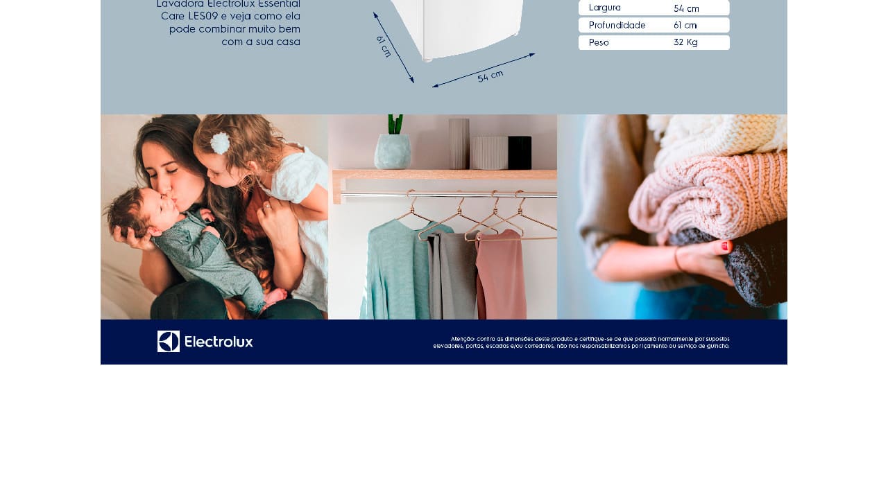 Lavadora de Roupas Electrolux 8,5kg LES09 Essential | Extra