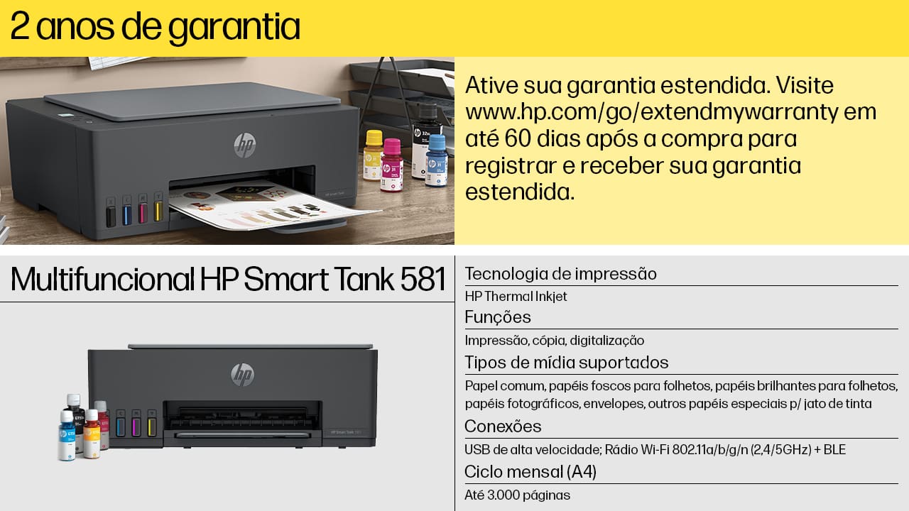 Impressora Multifuncional HP Smart Tank 581 | Casas Bahia