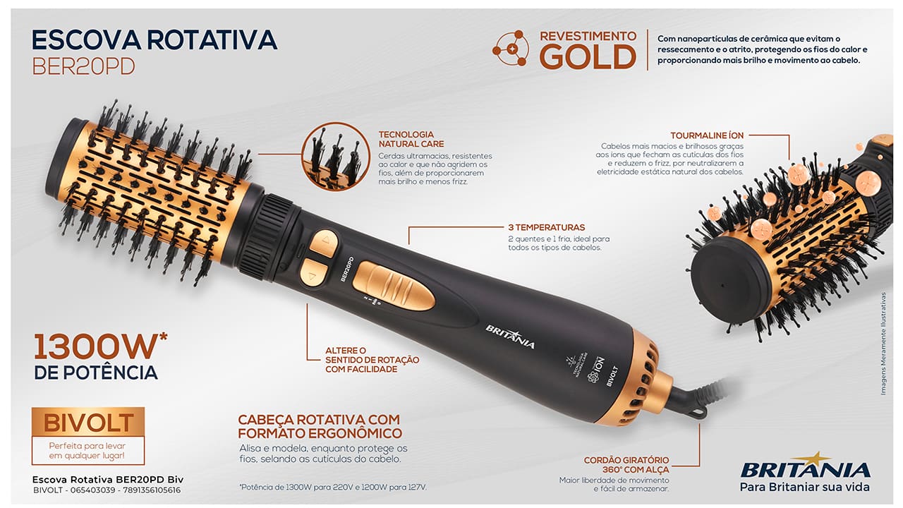 Escova Rotativa Secadora Britânia BER20PD com 3 Temperaturas | Extra