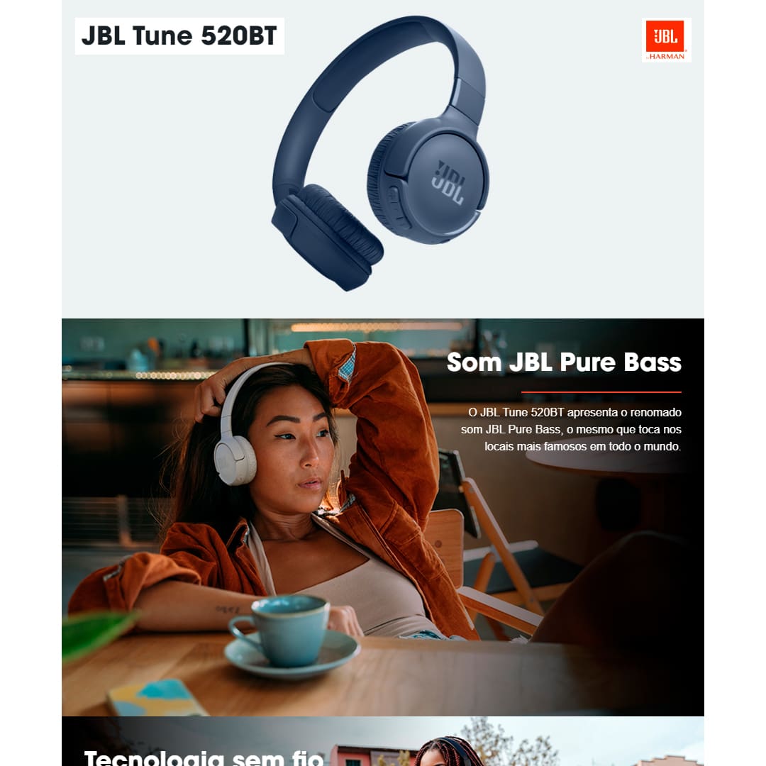 Headphone JBL Tune 520BT - Azul | Ponto